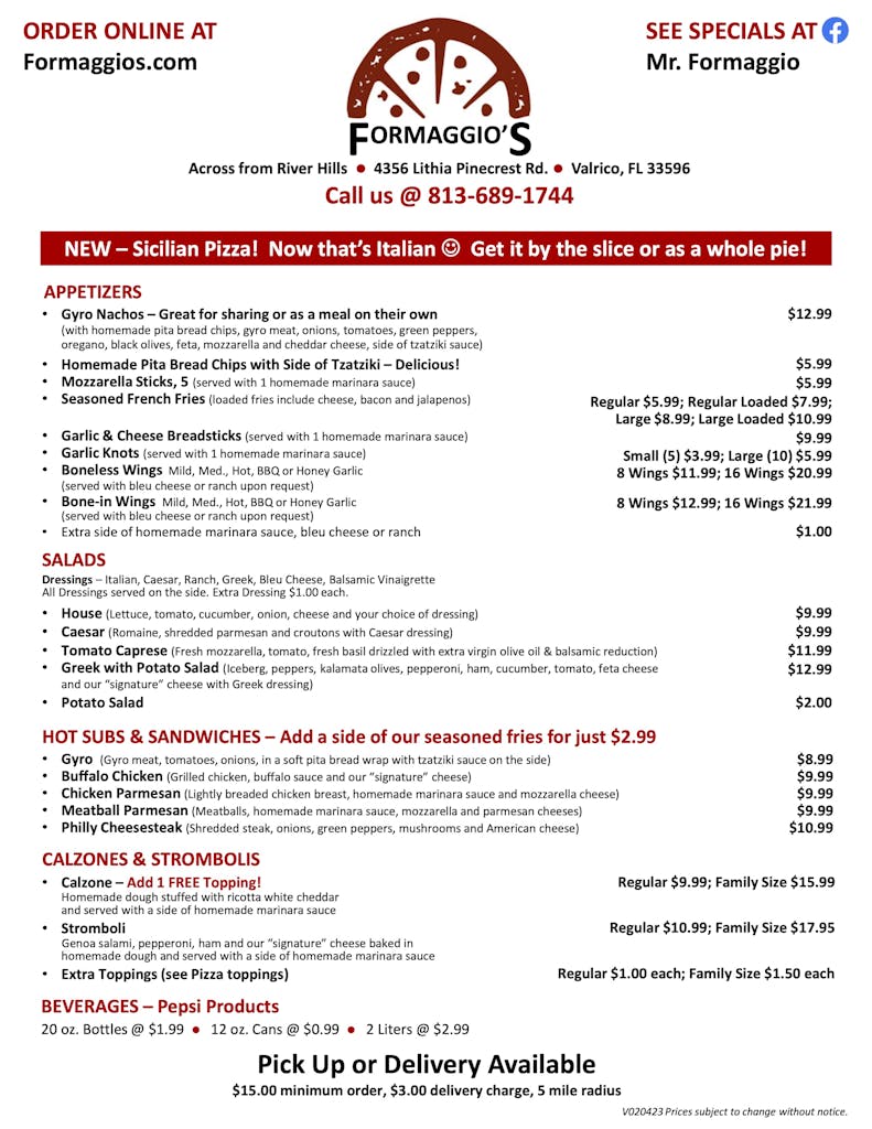 Menu - Formaggio's Pizza