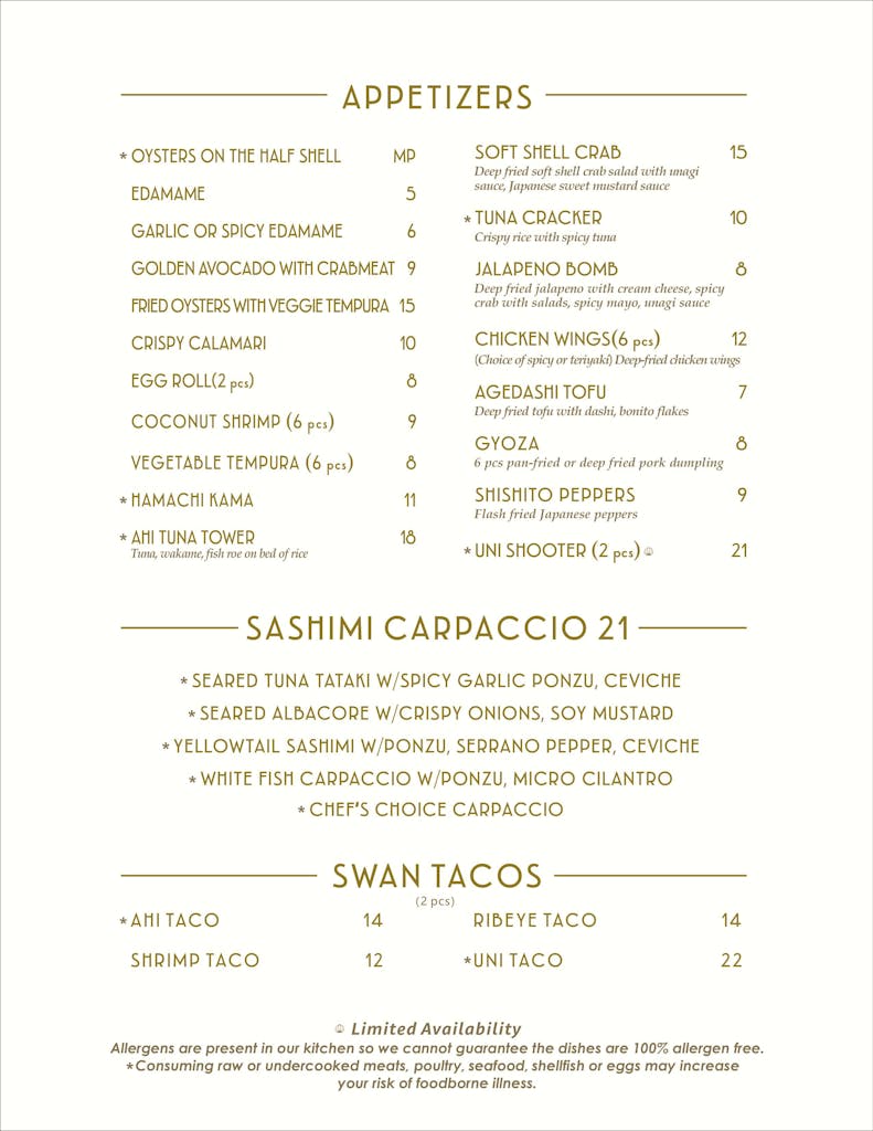 Menu - SWAN Sushi•Seafood•Bar