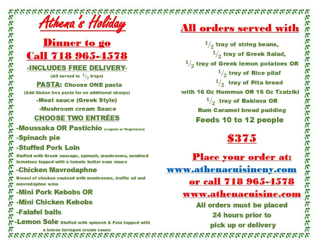 holiday menu - Athena Mediterranean Cuisine