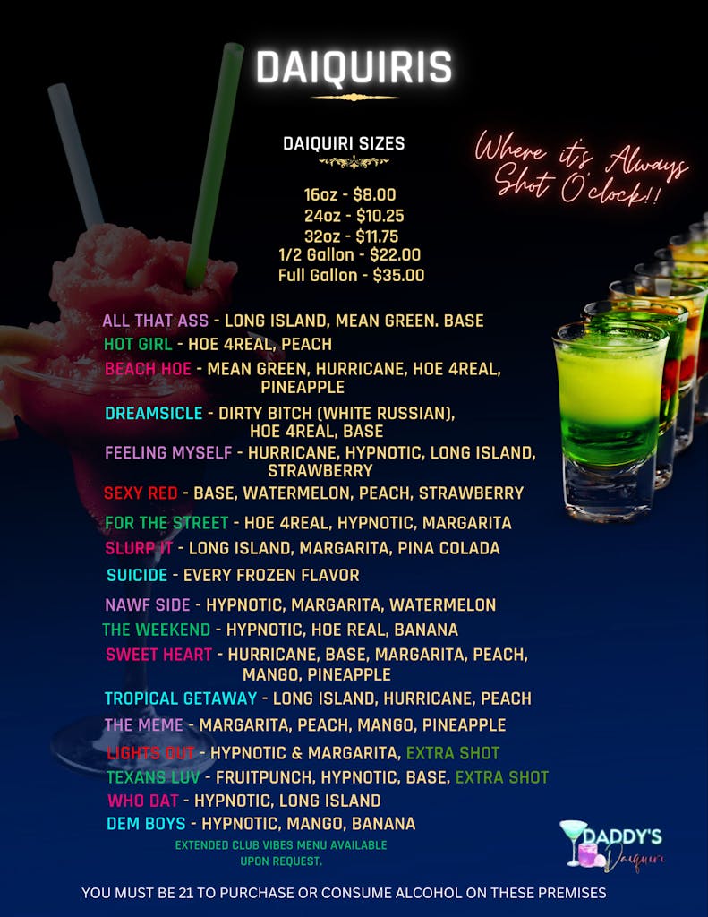 Menu - Daddy's Daiquiris N Grub