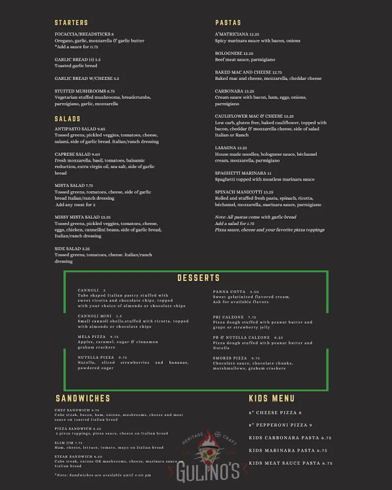 Menu - GULINO'S PIZZA & SONS