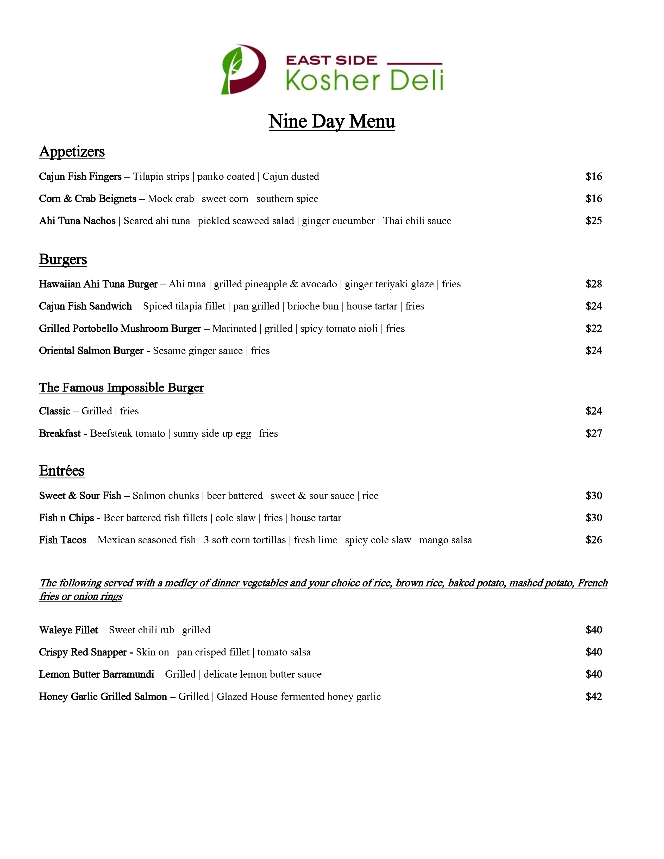 Menus - East Side Kosher Deli