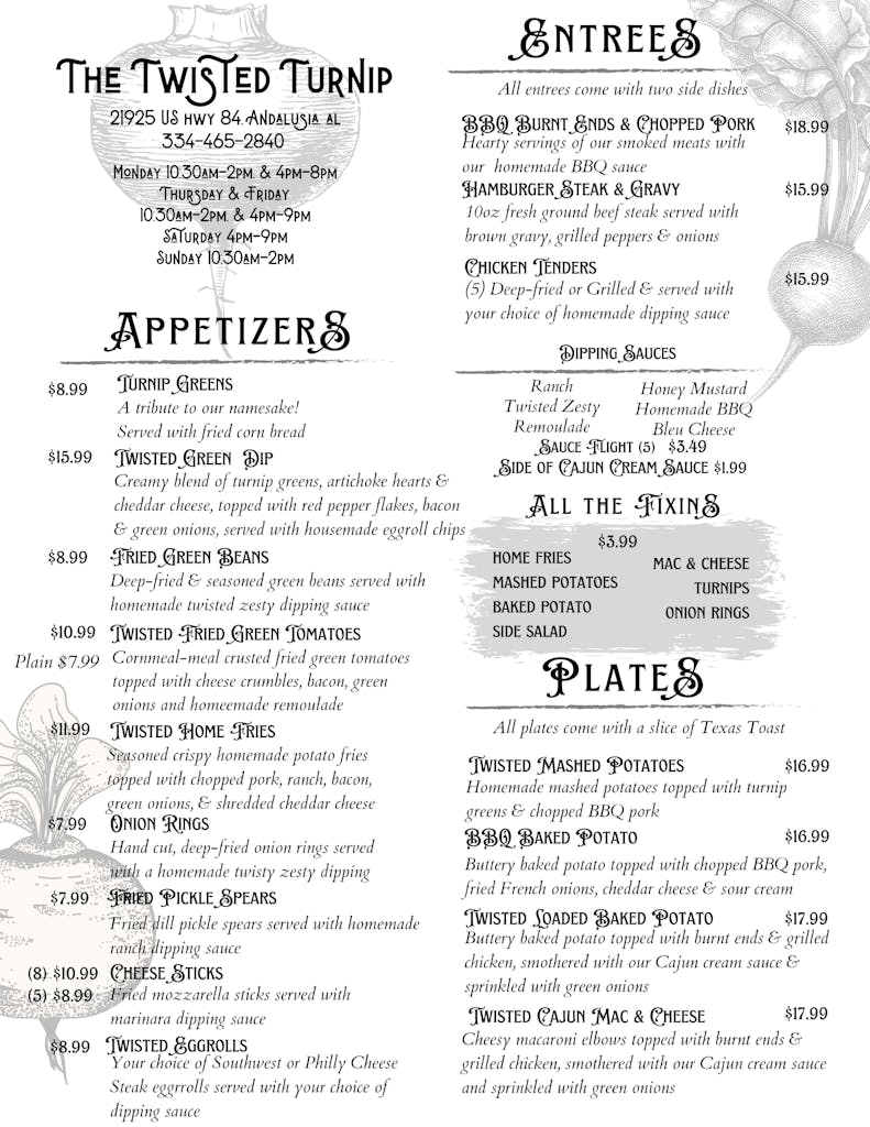 Menu - The Twisted Turnip